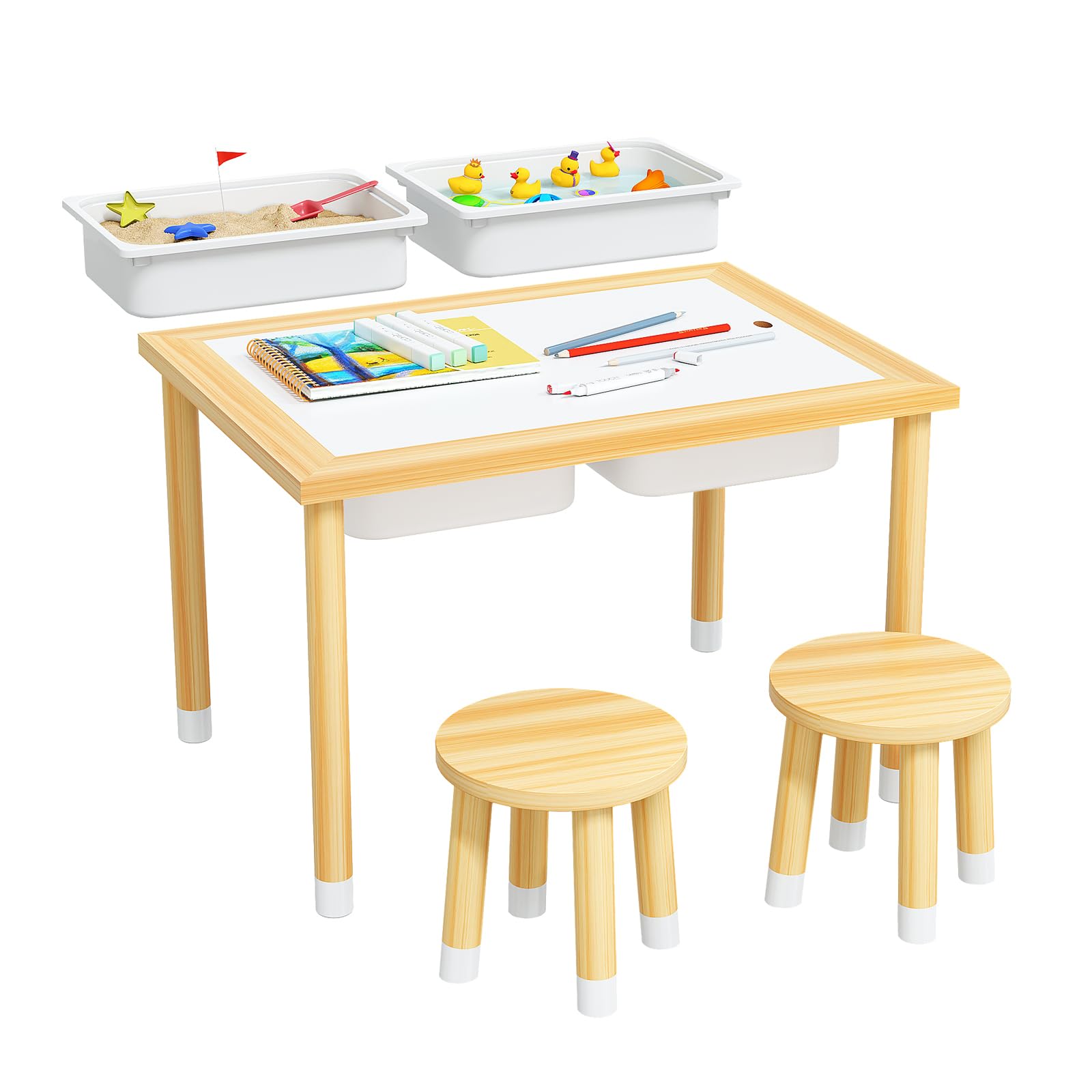 melafa365 Sensory Table with 2 Stools, Wooden Kids Sensory Tables with ...