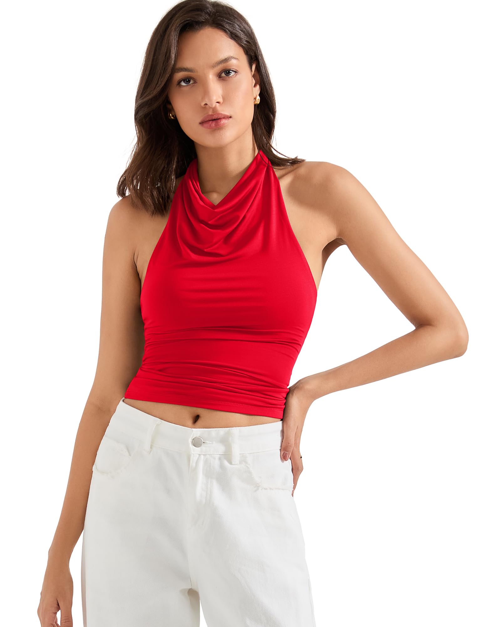 SUUKSESS Women Halter Backless Tank Tops Sexy Cowl Neck Summer Going ...