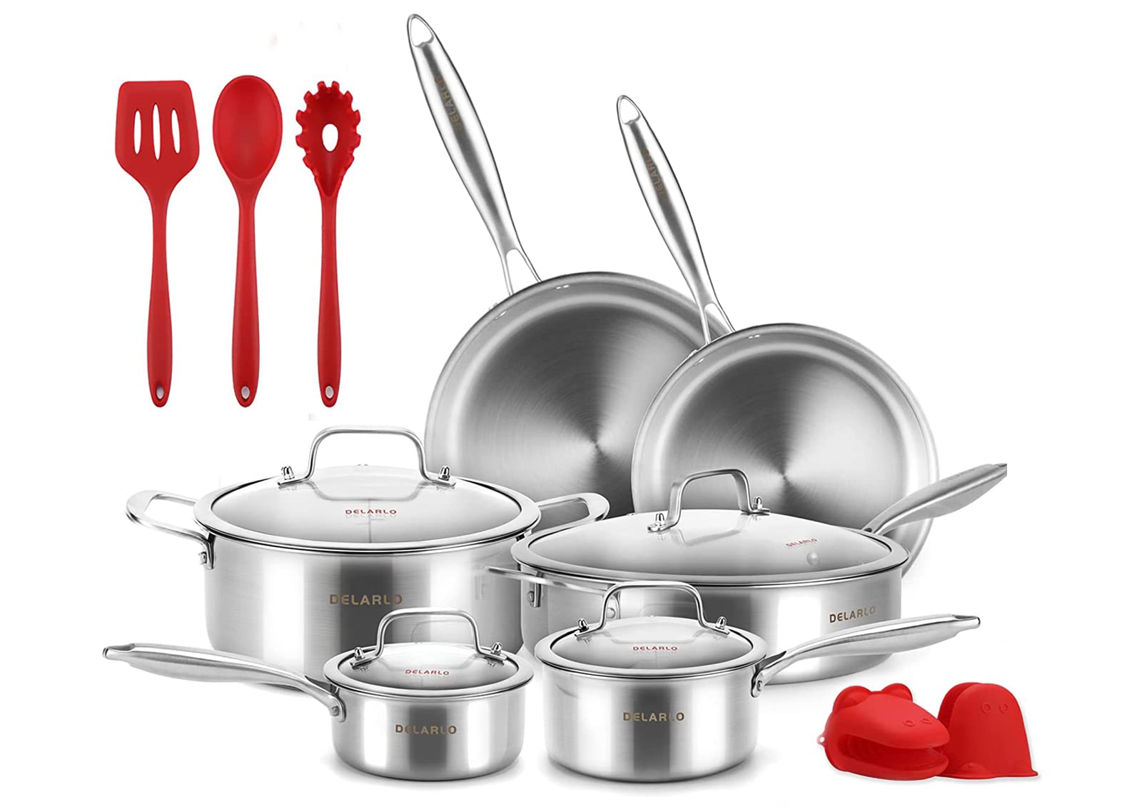Delarlo Whole body Tri-Ply Stainless Steel Kitchen Cookware Set of 14 ...