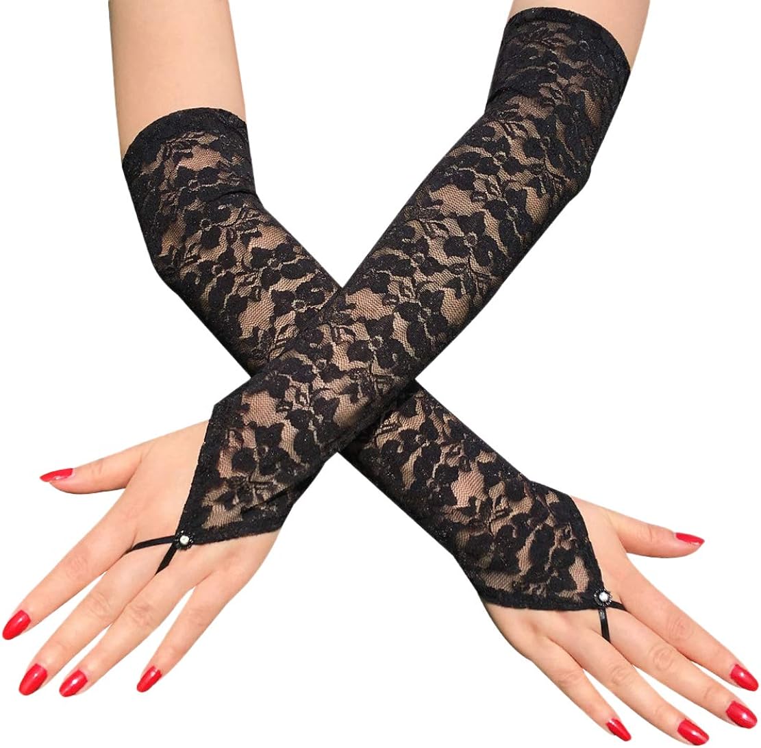 Women Seeksmile Bridal Gloves Loop Finger Lace Floral Long Gloves