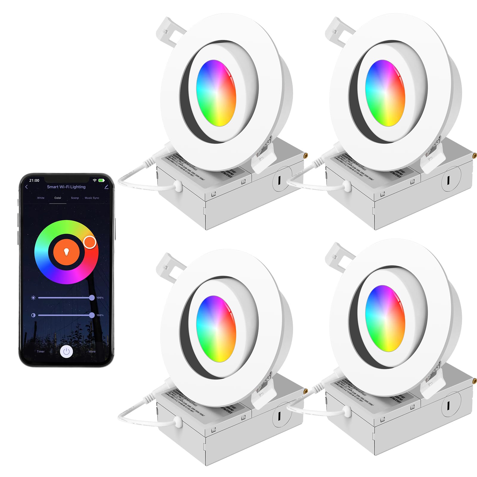 Drart Smart Recessed Lighting 4 Inch, Wi-Fi RGBCW Color Changing Gimbal ...