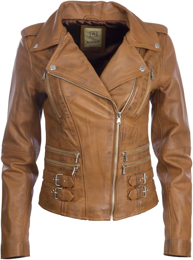 Aviatrix Women's Real Leather Cross-Zip Multi-Zip Biker Jacket (AGSM ...
