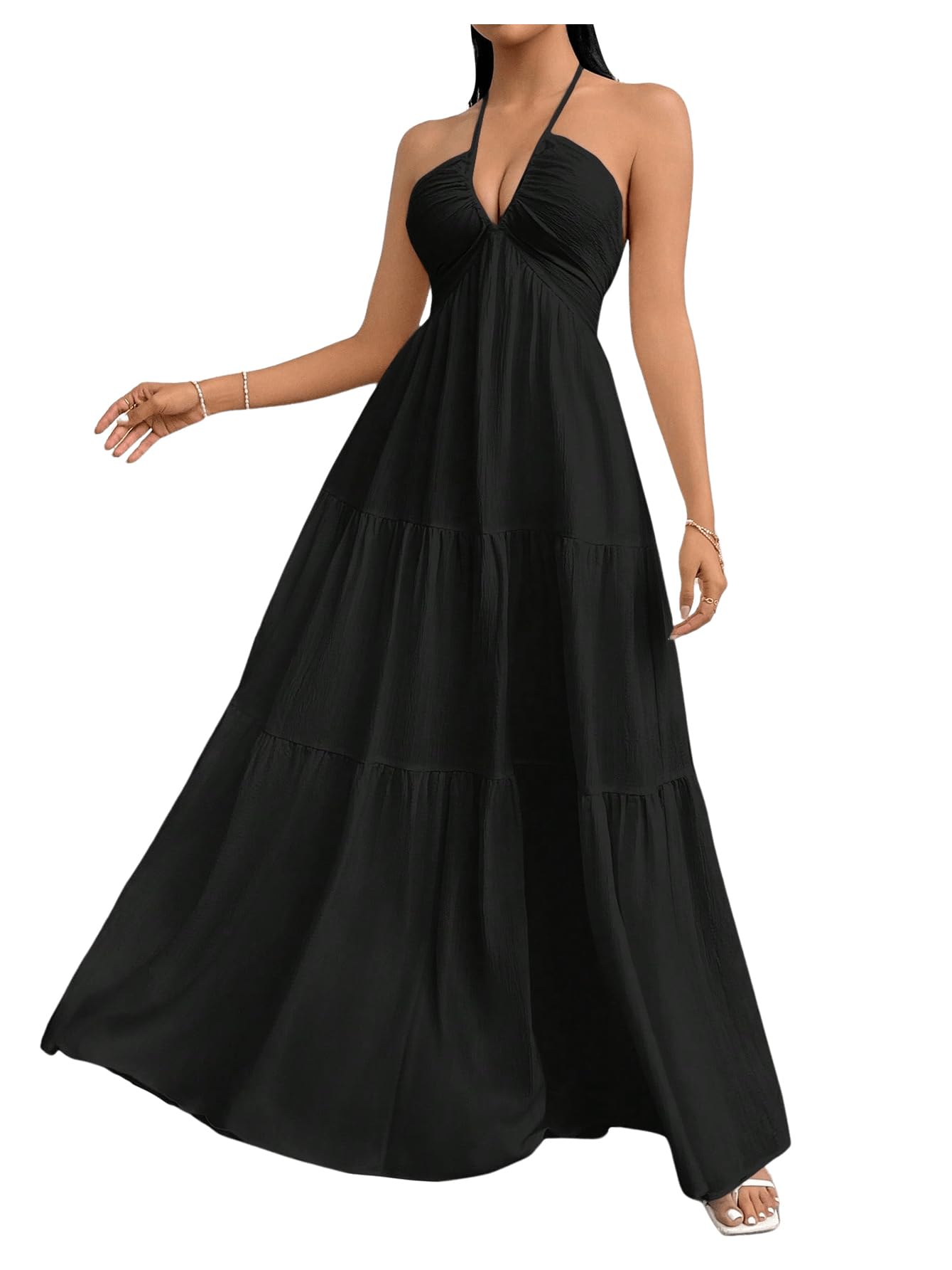 SHENHE Women's Deep V Neck Tie Knot Backless Halter Dress A Line Flowy ...