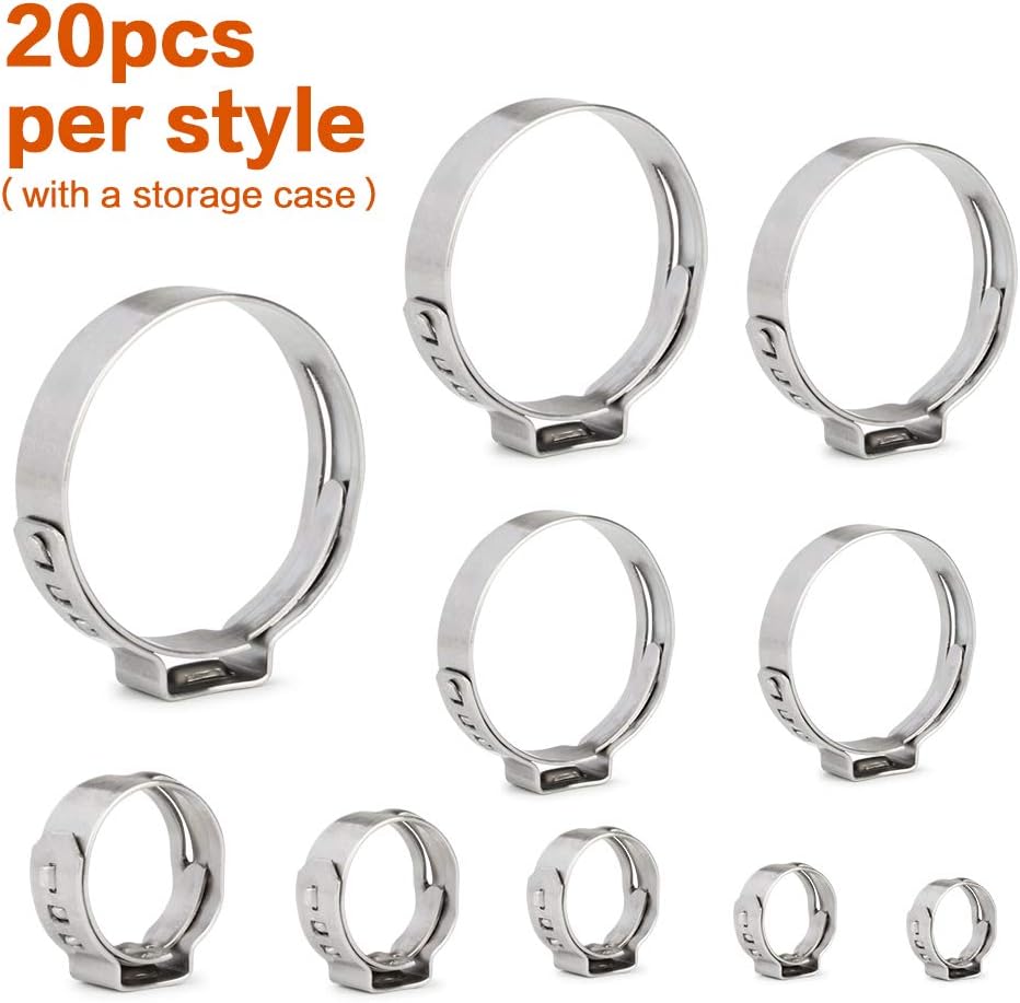 BAtech 200 PCS 304 Stainless Steel Single Ear Hose Clamps, 10 Sizes ...