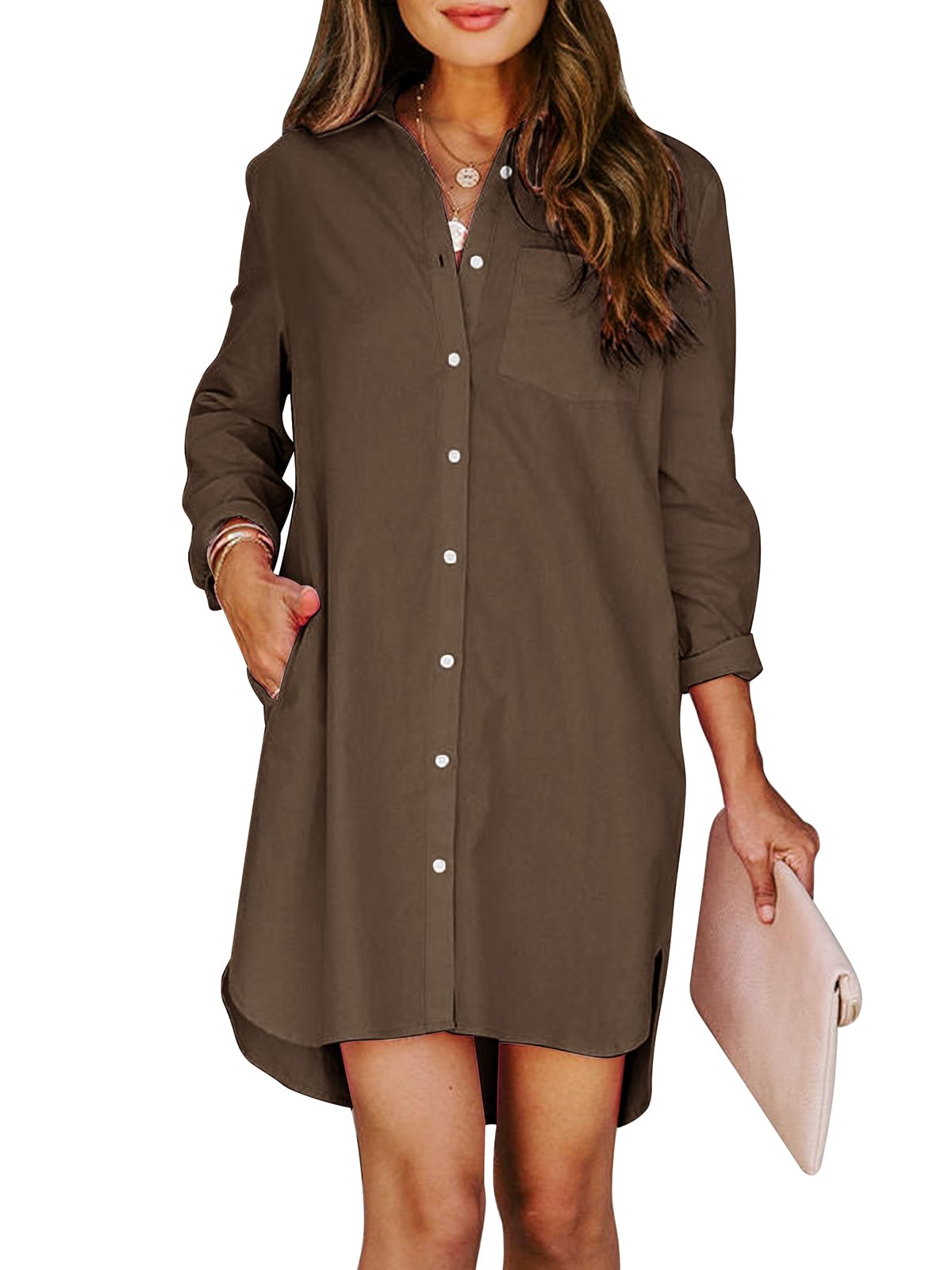 Aoudery Womens Button Down Shirt Dresses with Pockets Cotton Button Up Tunics Long Sleeve Solid ...