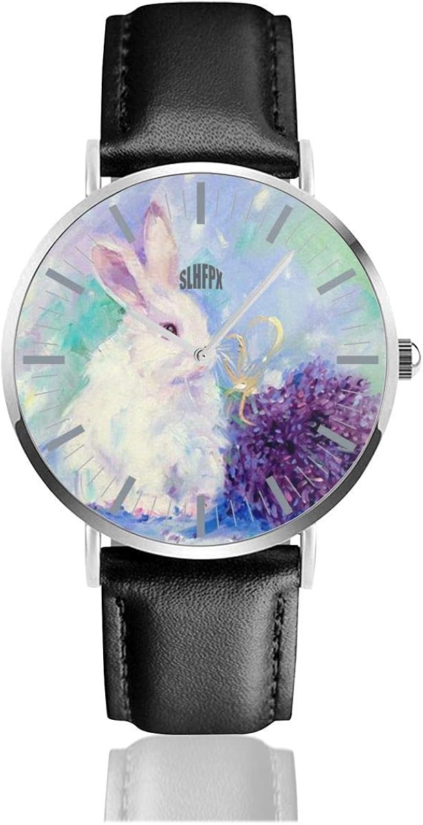Womens Watch Bunny Painting Rabbit Leather Band Wrist Watch Silvery ...