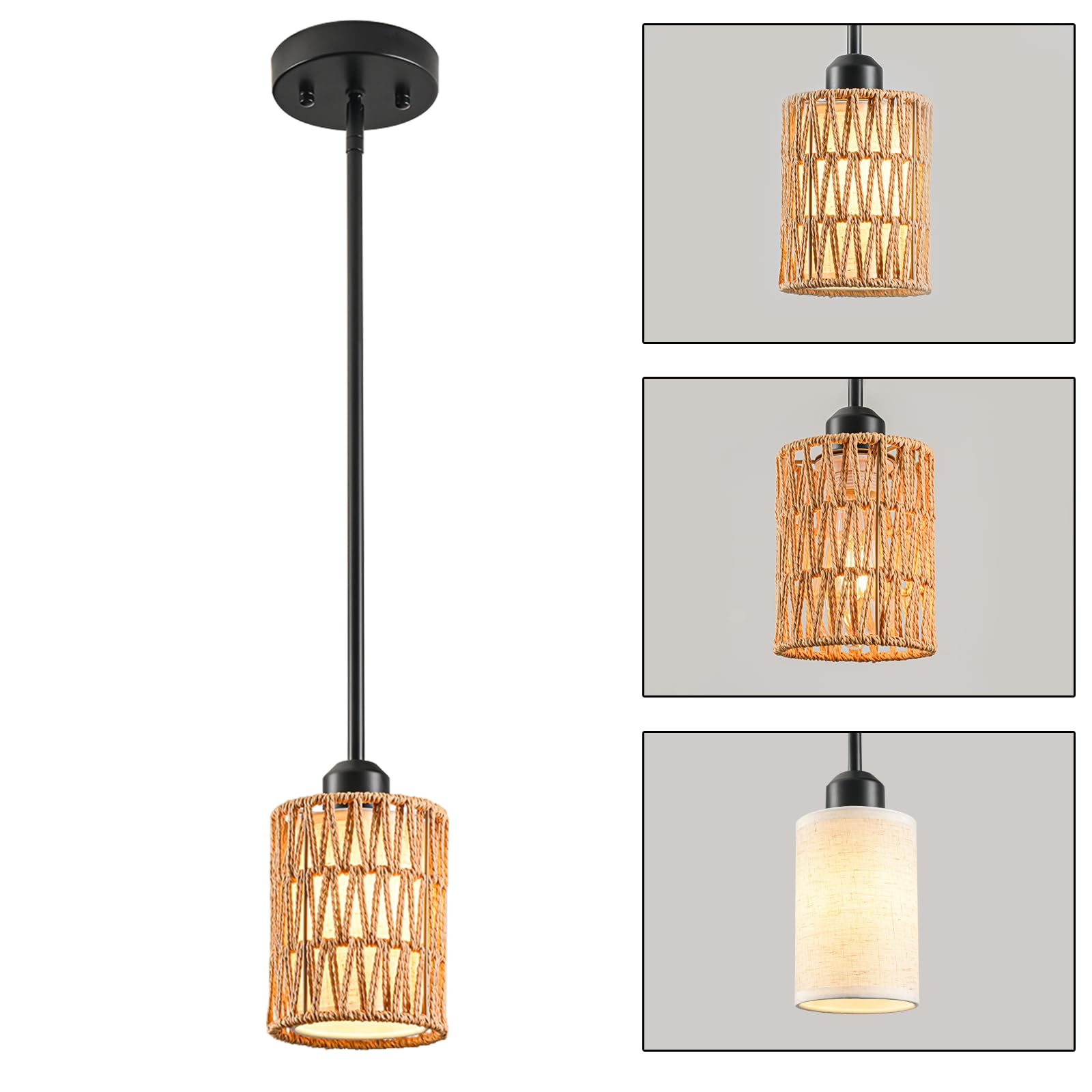OUVR Rattan Pendant Light, Boho Hanging Light with Double Lampshade ...