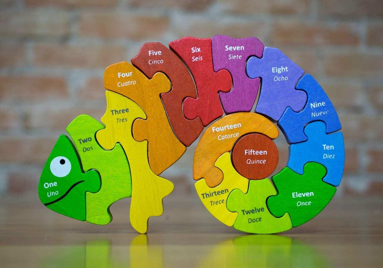 BeginAgain Counting Chameleon Bilingual Puzzle - Bilingual Wooden ...