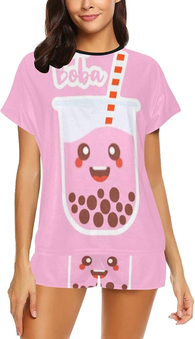 Casual Pyjamas Set für Damen, Cute Bubble Tea Pearl Milk Strawberry ...
