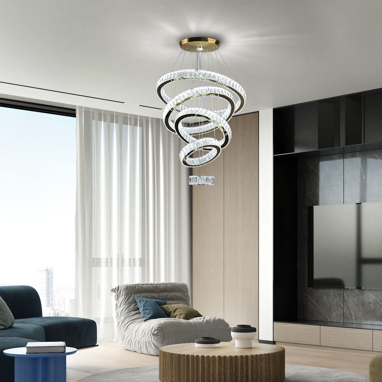 Dixun LED Crystal Chandeliers, Modern 5 Rings Pendant Light Titanium Gold Stainless Steel Height ...