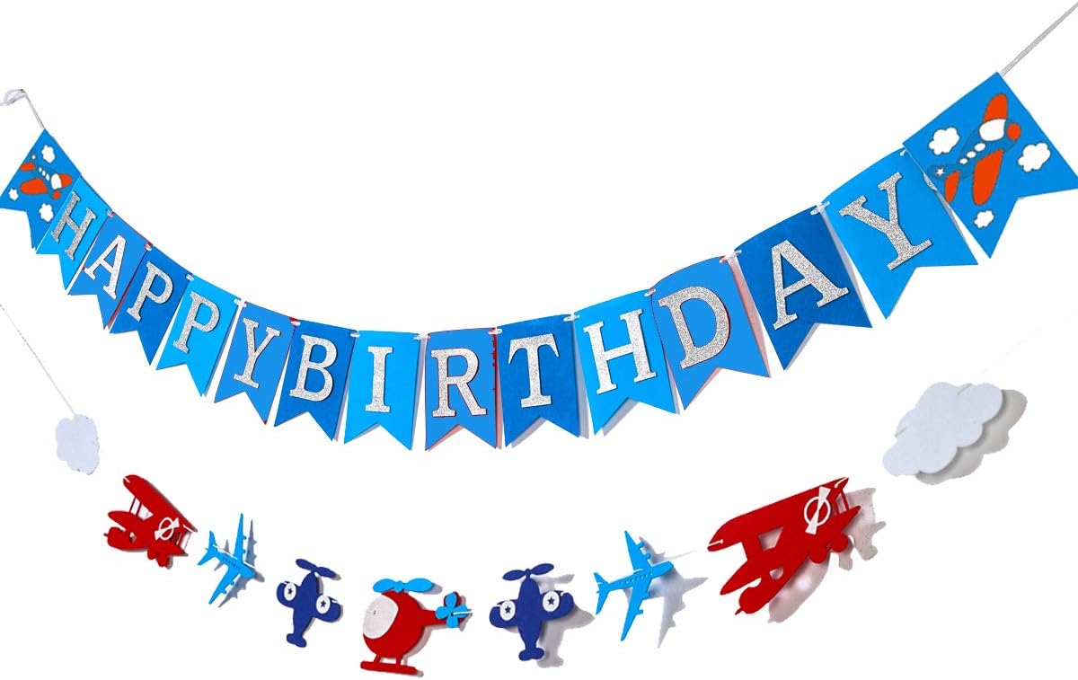 Airplane Aviator Themed Party Decoration-Silver Glitter Happy Birthday ...