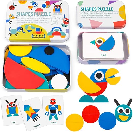 Coogam Wooden Pattern Blocks - Tangram Shape Puzzle Set Color Sorting ...