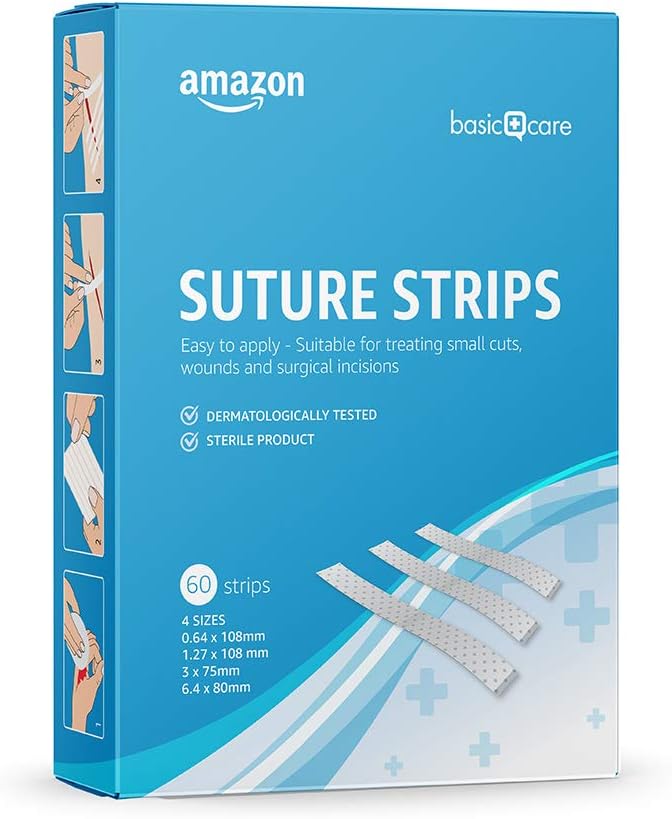 Amazon Basic Care - Hypoallergenic Sterile Suture Strips, 4 sizes - 60 ...