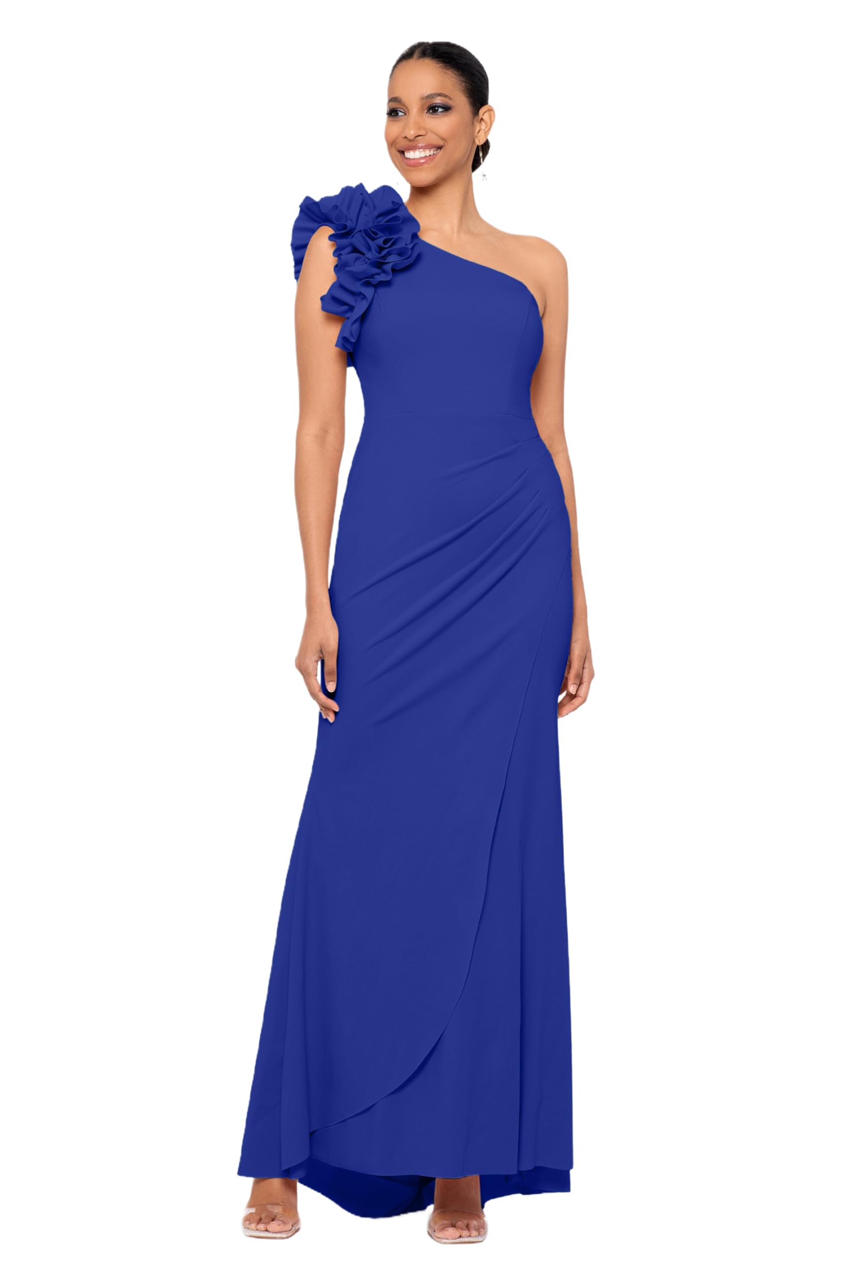 Xscape Long One Shoulder Ruffle Scuba Crepe Dress (Standard & Petite ...