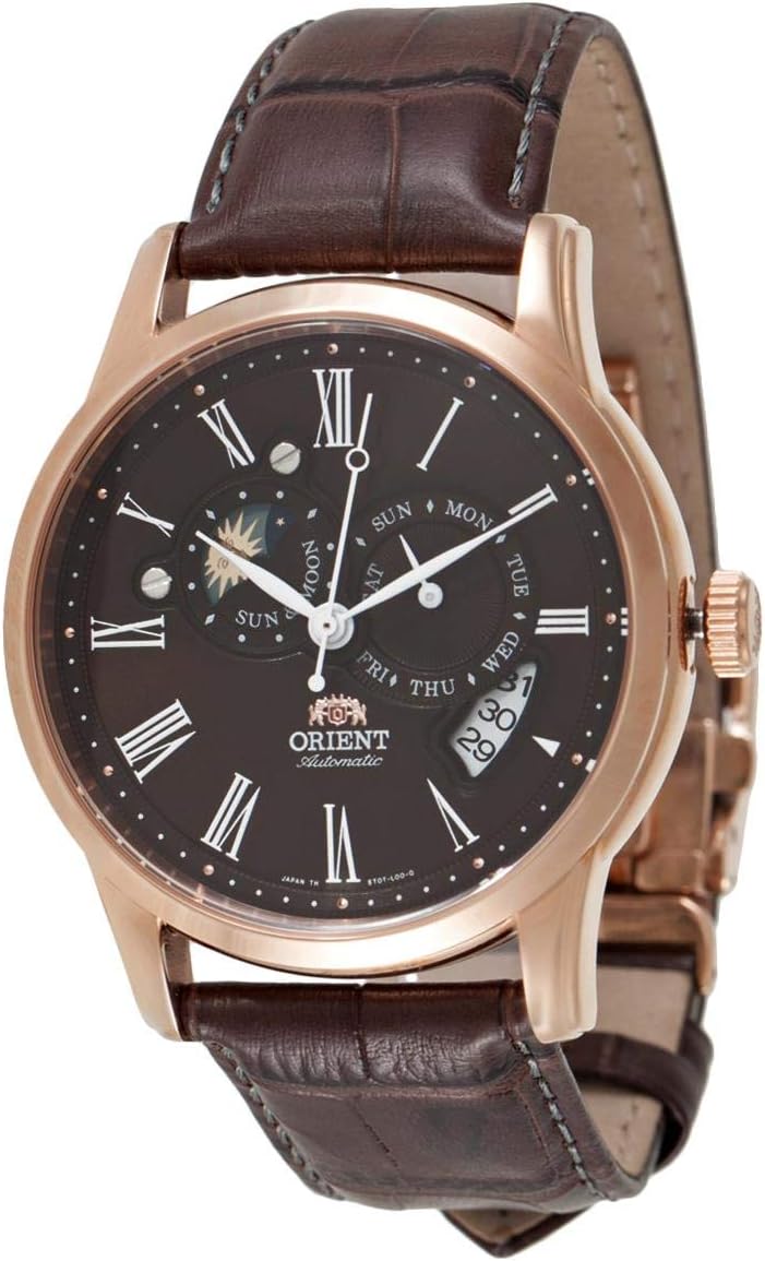 Orient Rose Gold Plated Automatic Sun & Moon Phase Dial Leather Band ...