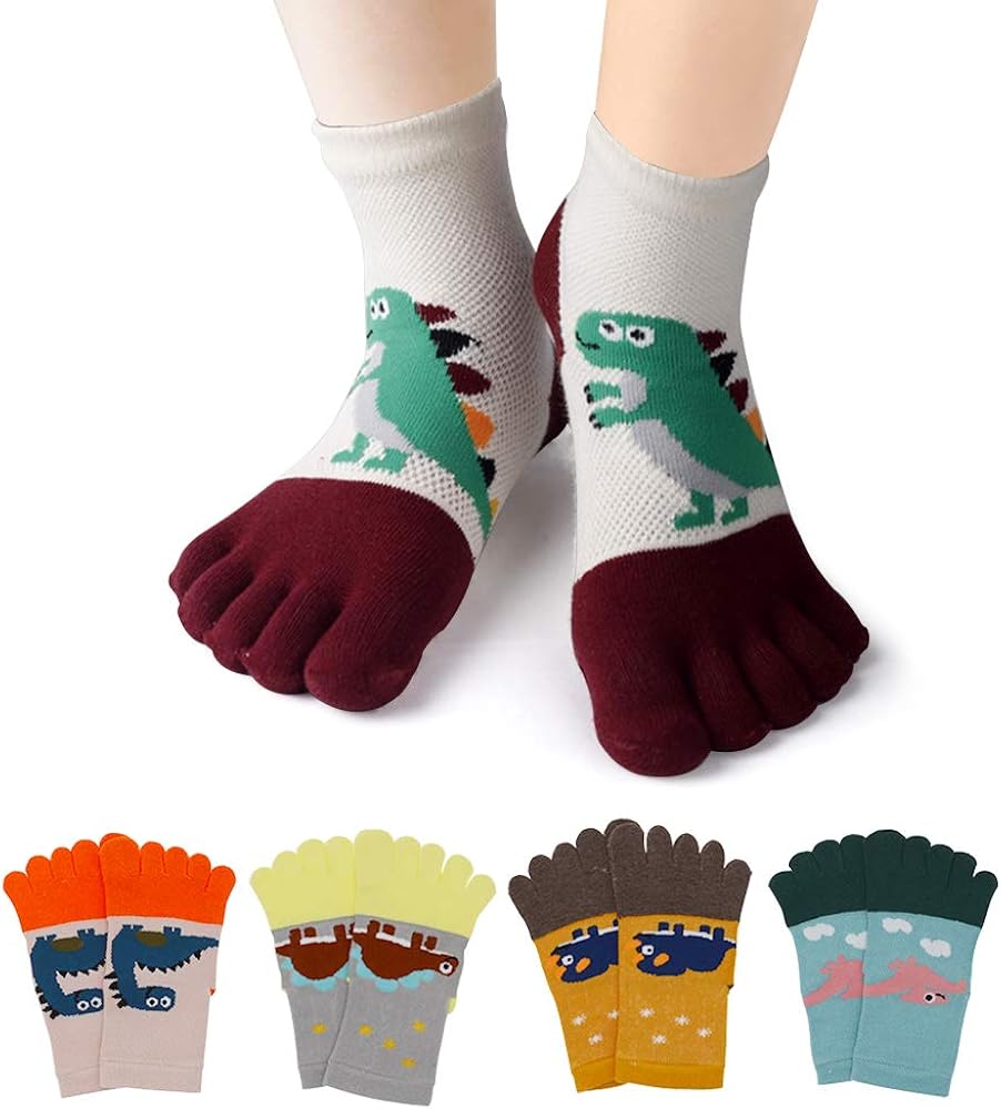 QUMENEY 5Pairs Cartoon Children Toe Socks, Cotton Kids 5 Finger Socks ...