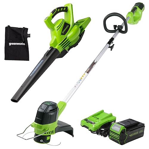 Greenworks 40VLeaf Blower/Vacuum and 12-Inch Cordless String Trimmer ,4 ...