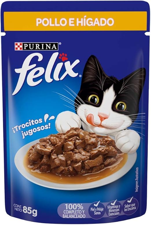 FELIX Alimento Húmedo Sabor Pollo e Higado, Paquete con 24 Pzas de 85g ...