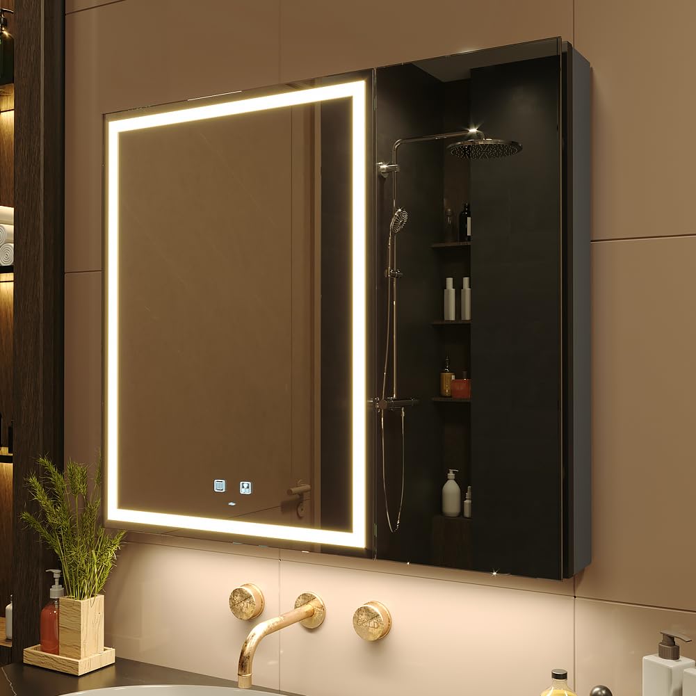 KWW 30 x 28 Inch Double Doors LED Lighted Bathroom Medicine Cabinet ...