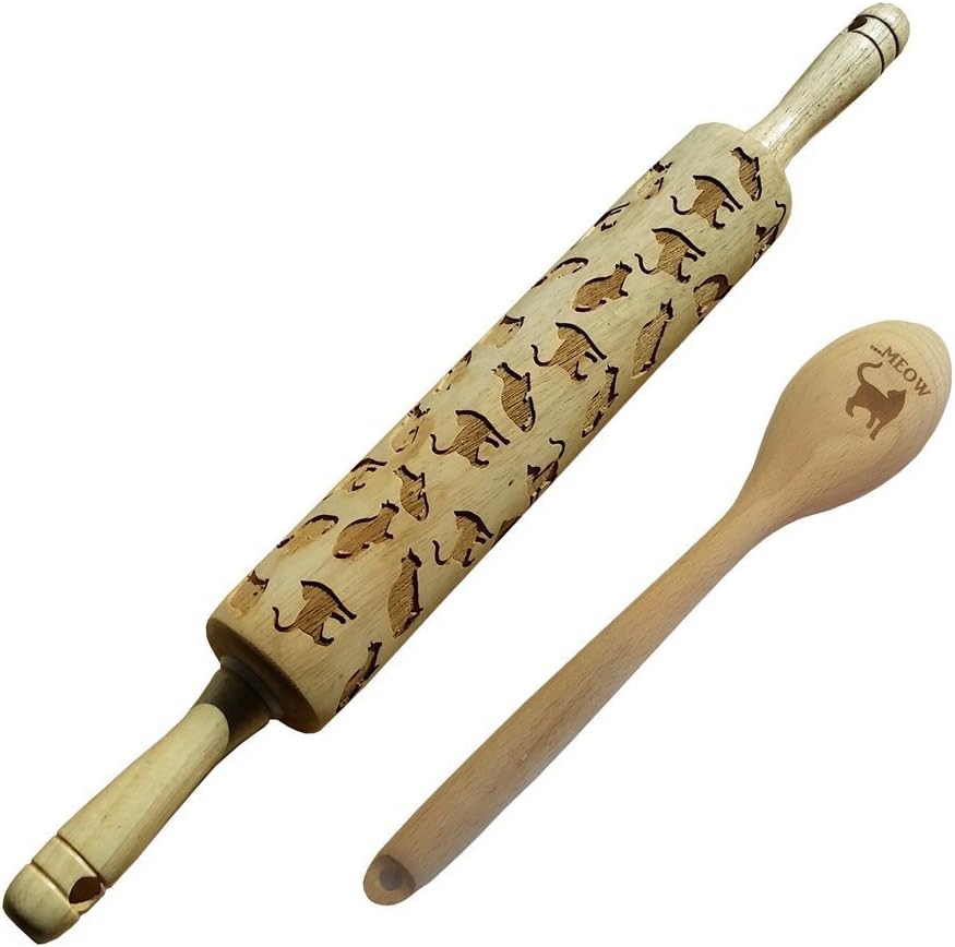 Cat Rolling Pin - Engraved Wood with Cat Design 10 inch Embossed ...