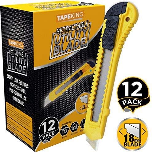 Tape King Utility Knife Box Cutters (12-Pack Bulk, 18mm Wide Blade Cutter) - Retractable ...