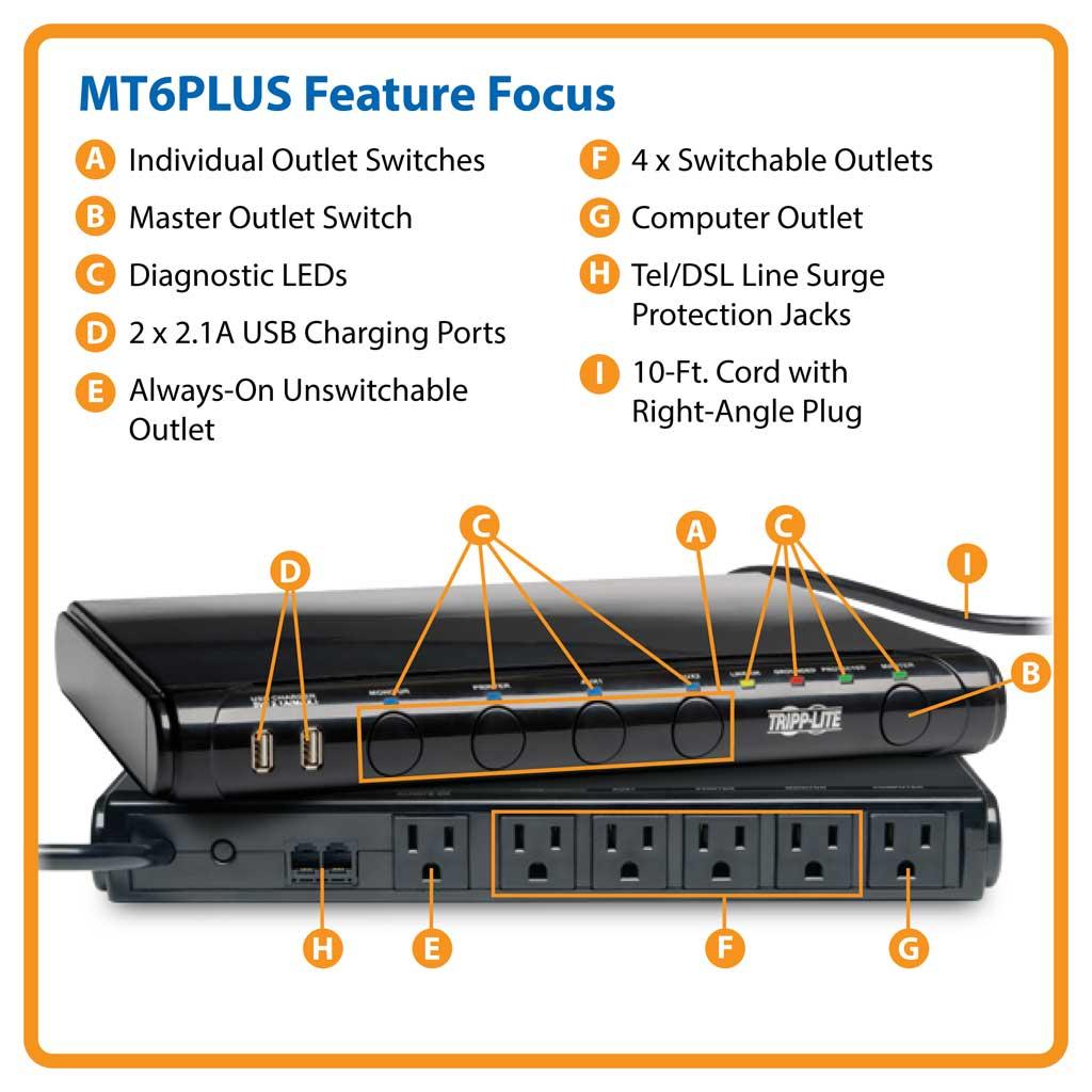 Tripp Lite MT-6PLUS Under Monitor Isobar Surge Protector 6 Outlet, 8 ...
