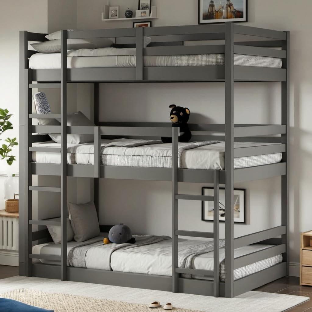 PVWIIK Triple Bunk Bed with Built-in Ladders & Guardrails for 3 Kids ...