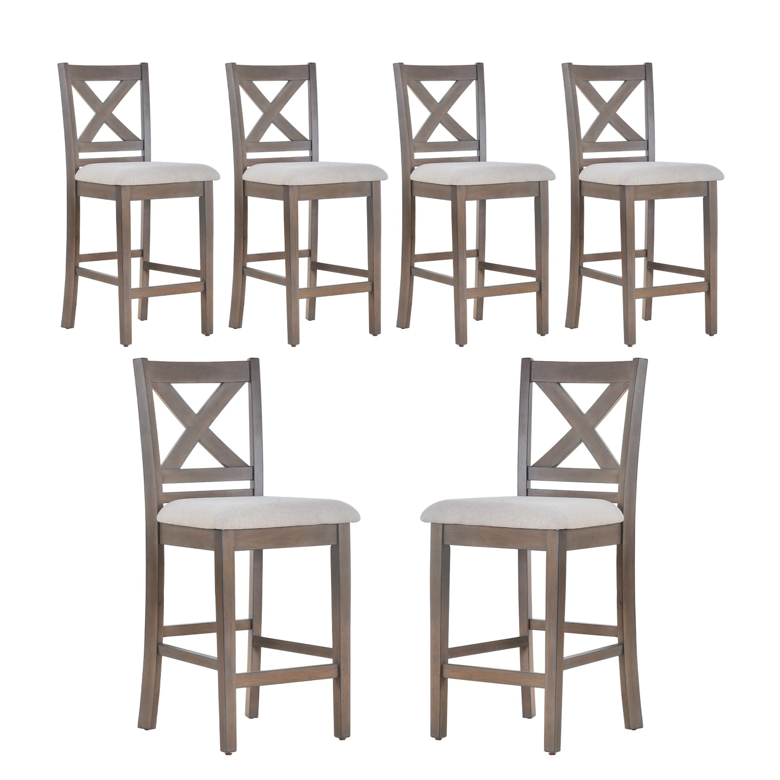 COLAMY Wooden Bar Stools Set of 6, Counter Height Bar Stools, Mid ...
