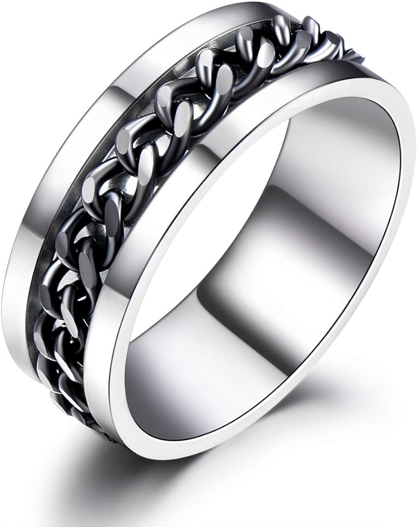 BBBGEM Stainless Steel Black Chain Ring Unisex,8mm Punk Rotatable Chain ...