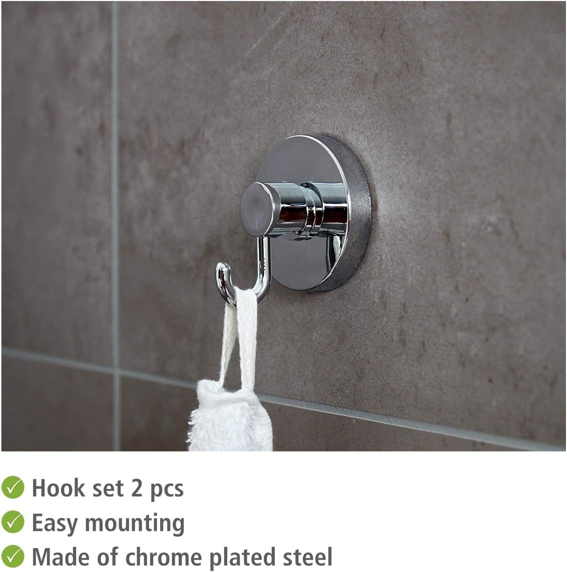 WENKO Vacuum-Loc Hook-Set of 2, Fixing Without Drilling, Silver Shiny ...