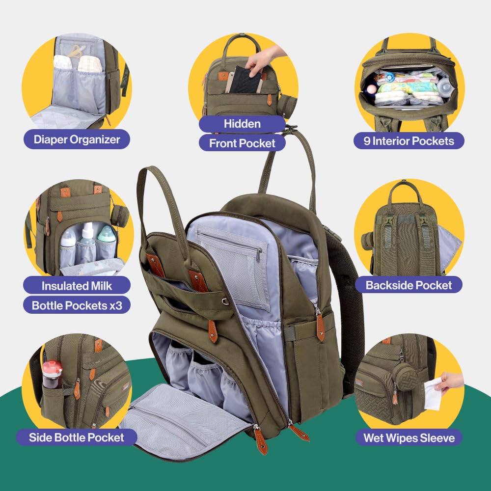 BabbleRoo Baby Diaper Bag Backpack - Army Green, Unisex, Waterproof ...