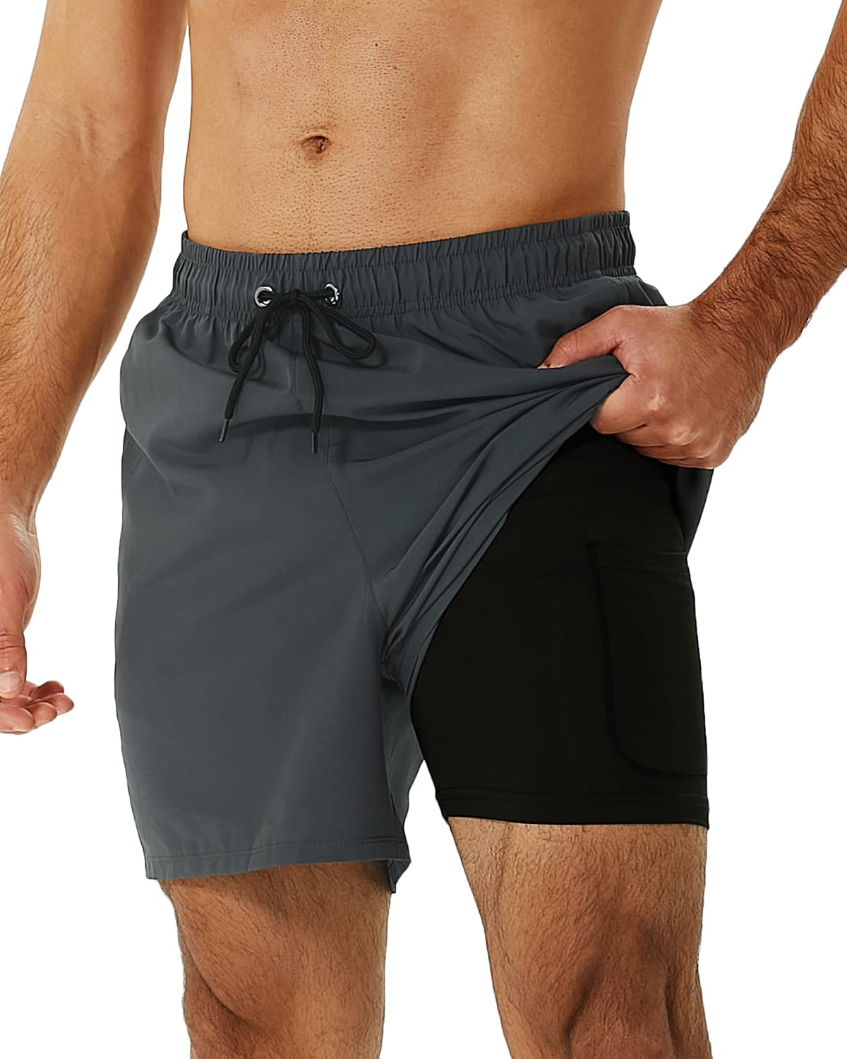 SILKWORLD Mens Swimming Trunks with Compression Liner 2 in 1 Quick-Dry ...