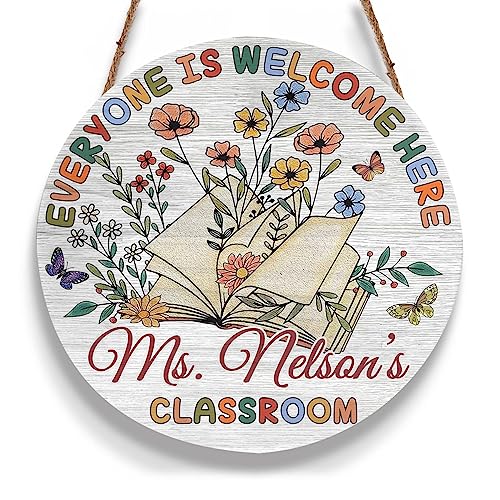 Personalized Teacher Wooden Door Sign, Floral Book Classroom Door ...