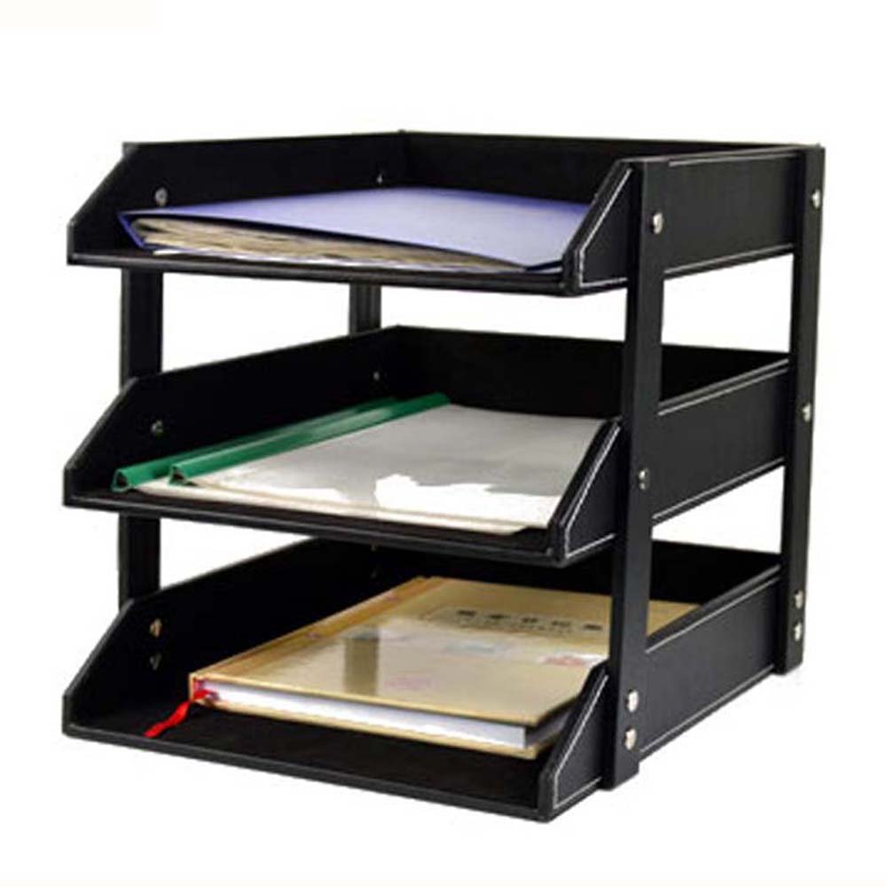 3-Layer Detachable Wood Leather Desk Filing Tray Box Office Organizer ...