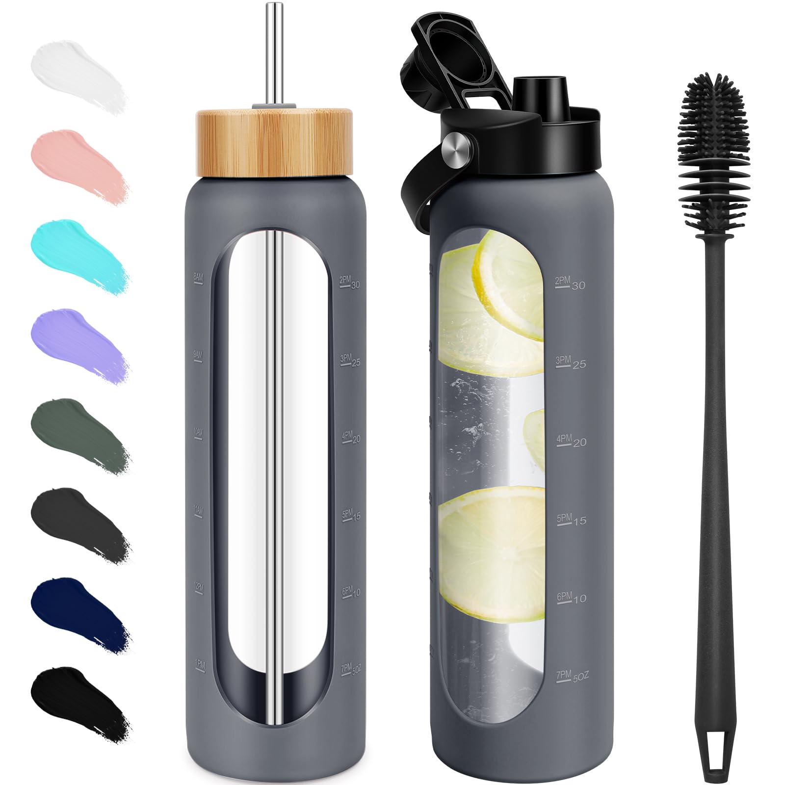 FULBEVY 32 oz Glass Water Bottles - 1 Liter Motivational Tumbler Water Bottle Time Marker ...