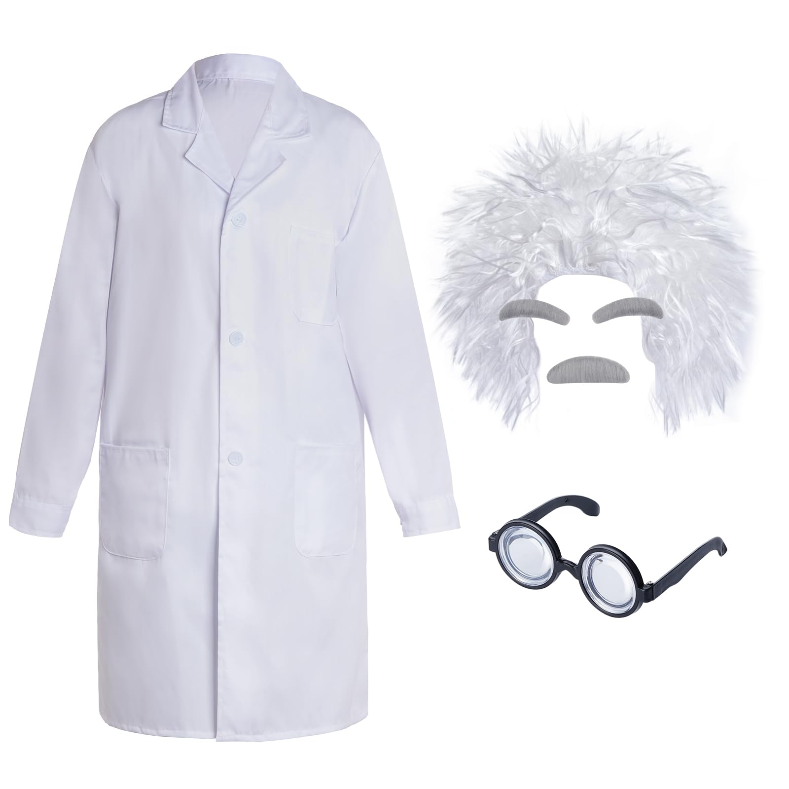 Lystaii Mad Scientist Costume Set Old Man Curly Wig White Lab Coat ...