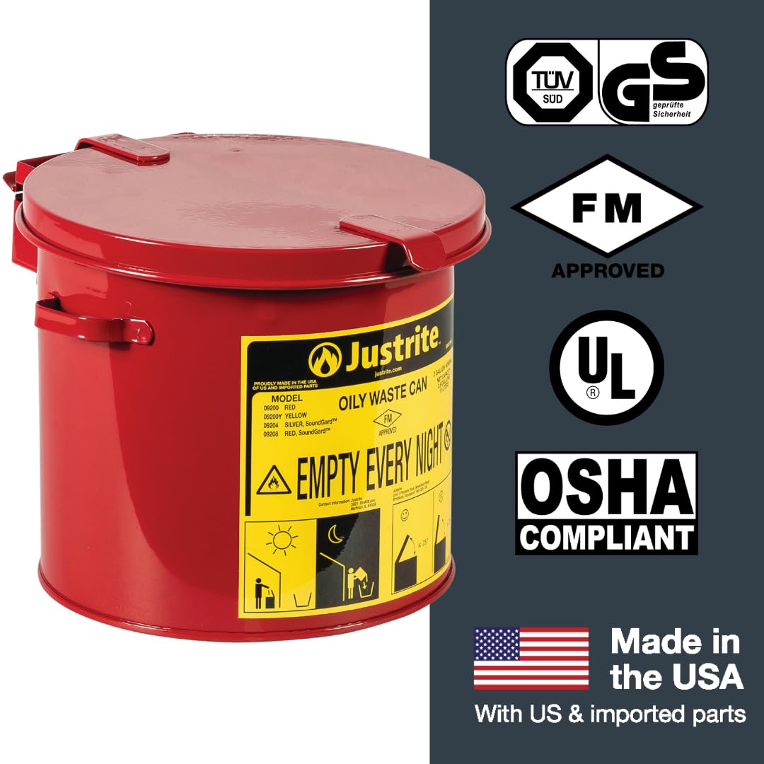 Justrite 2 Gallon Galvanized Steel Countertop Oily Waste Can, 9" X 9.6 ...