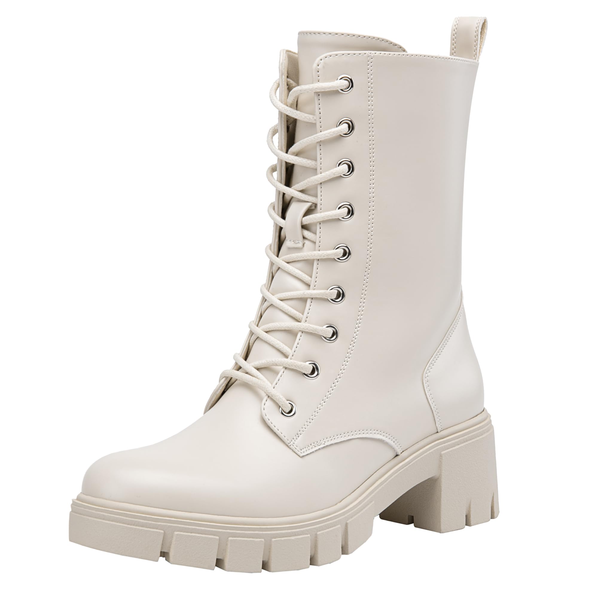 Vepose Women's Beige Combat Boots Lace Mid Calf Chunky Platform 9650A ...
