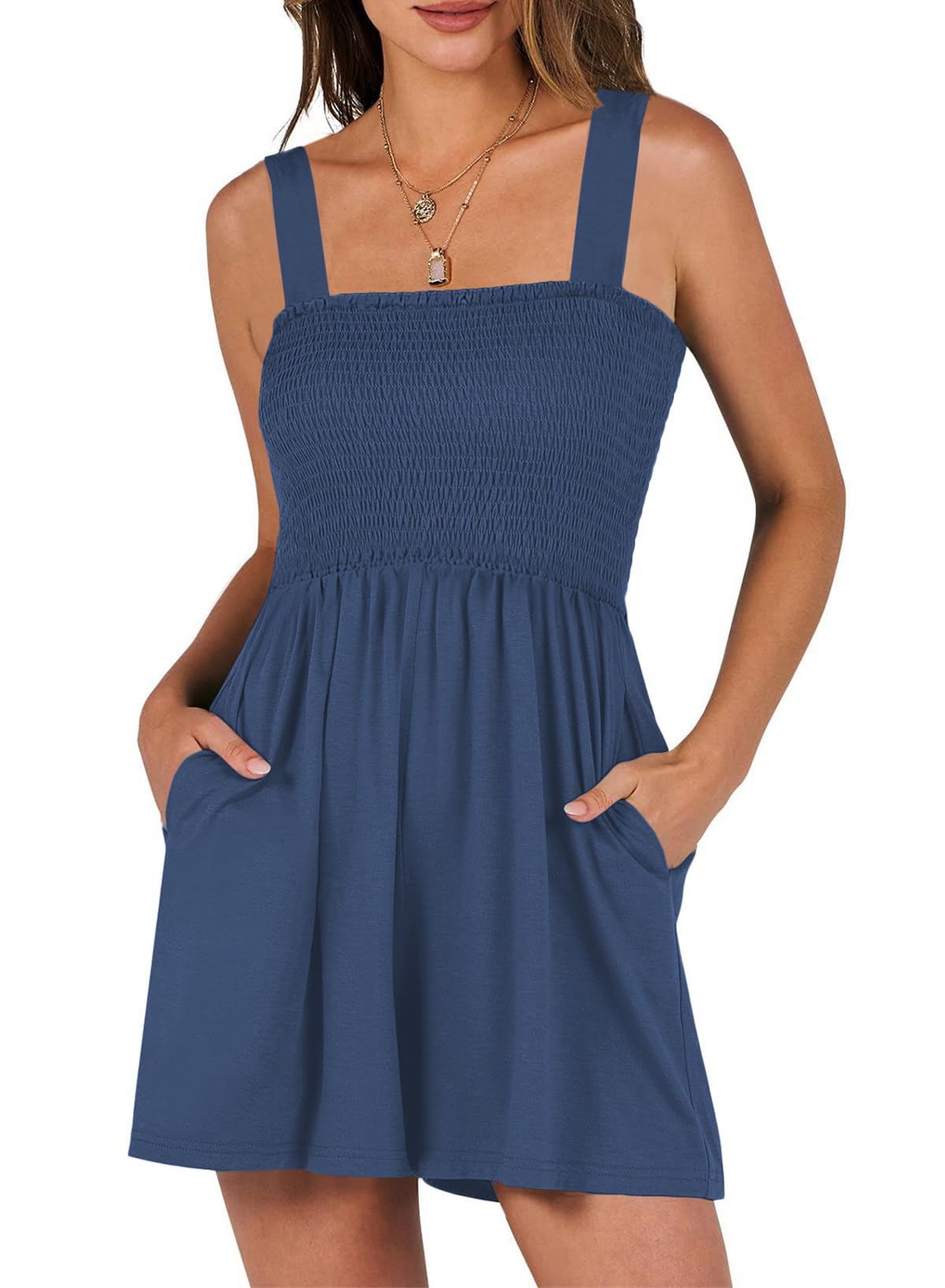 BLENCOT Womens Summer Rompers Smocked High Waist Sleeveless Short ...