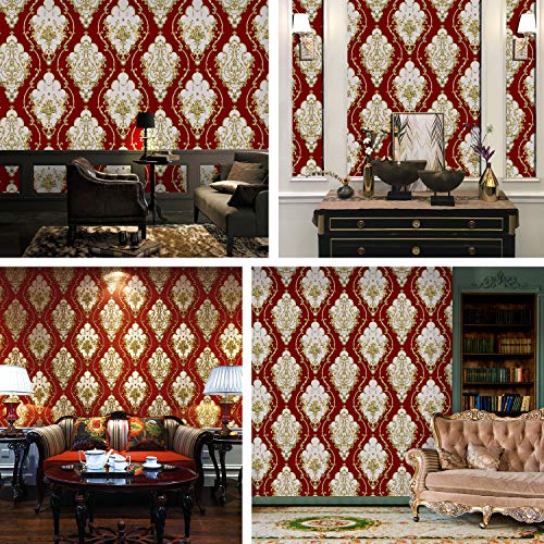 JZ·HOME JZ26 Crimson Red Luxury Damask Wallpaper Rolls, Metal Lace ...