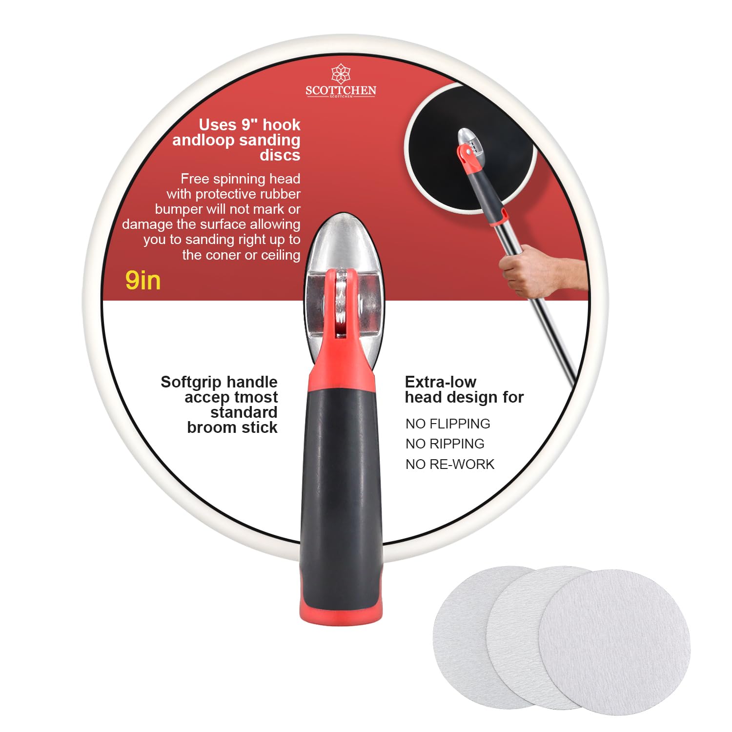 SCOTTCHEN Drywall Sander 9 Inch Radial Round Pole Sander for Dry Wall ...