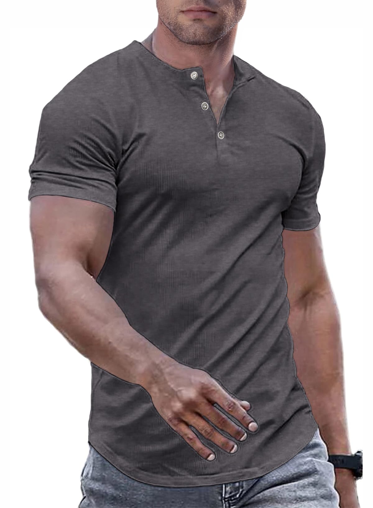 JMIERR Mens Muscle Slim Fit Button Henley Shirts Summer Crewneck Short Sleeve Longline Fitted T ...