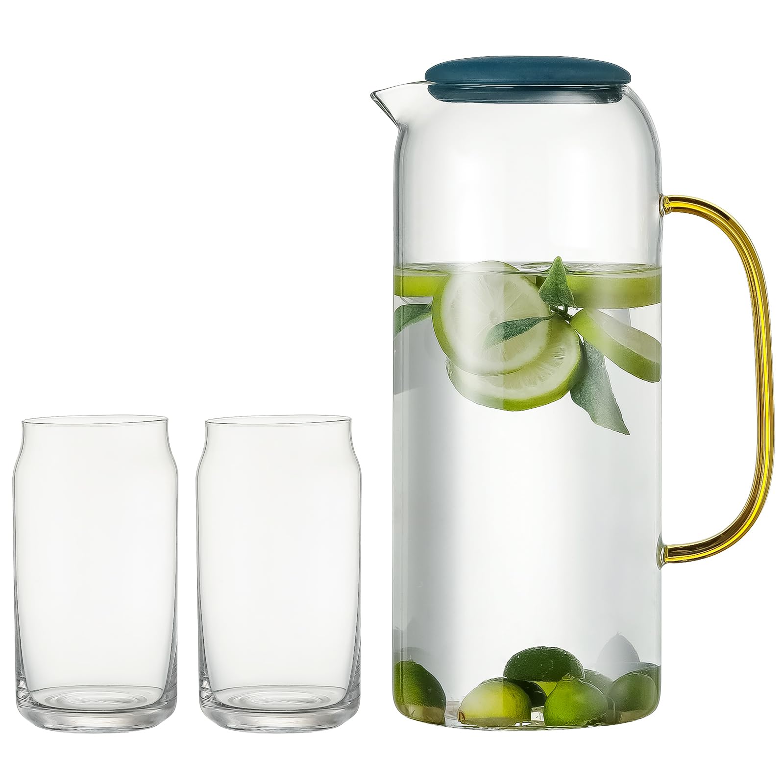 Buaic Glass Pitcher with Lid, 68 oz/2 Liter Water Pitcher with 2 Cups ...