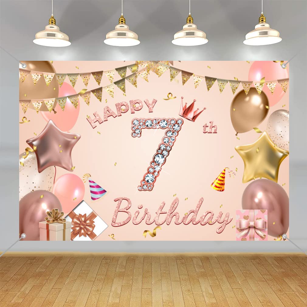 Happy 7th Birthday Decorations Backdrop Banner for Girls Happy 7 Years ...