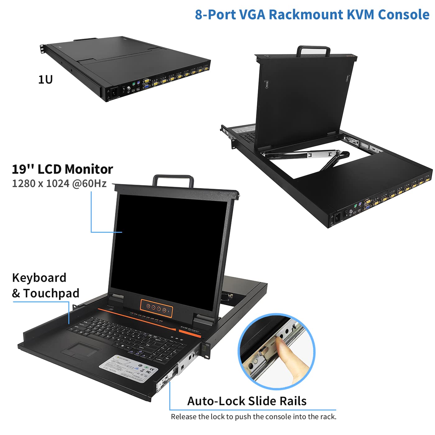 Mua 1U Rack Mount KVM Console Built-in 8 Port VGA KVM Switch, 19 ...