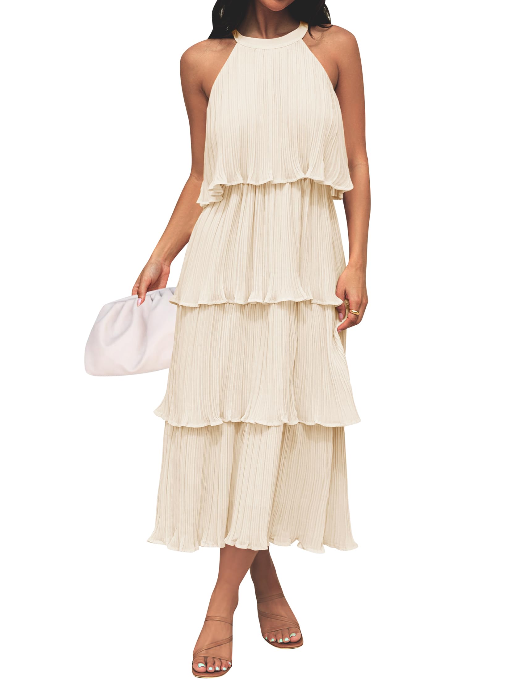 ZESICA Women's 2024 Summer Sleeveless Halter Neck Ruffle Tiered Layer ...