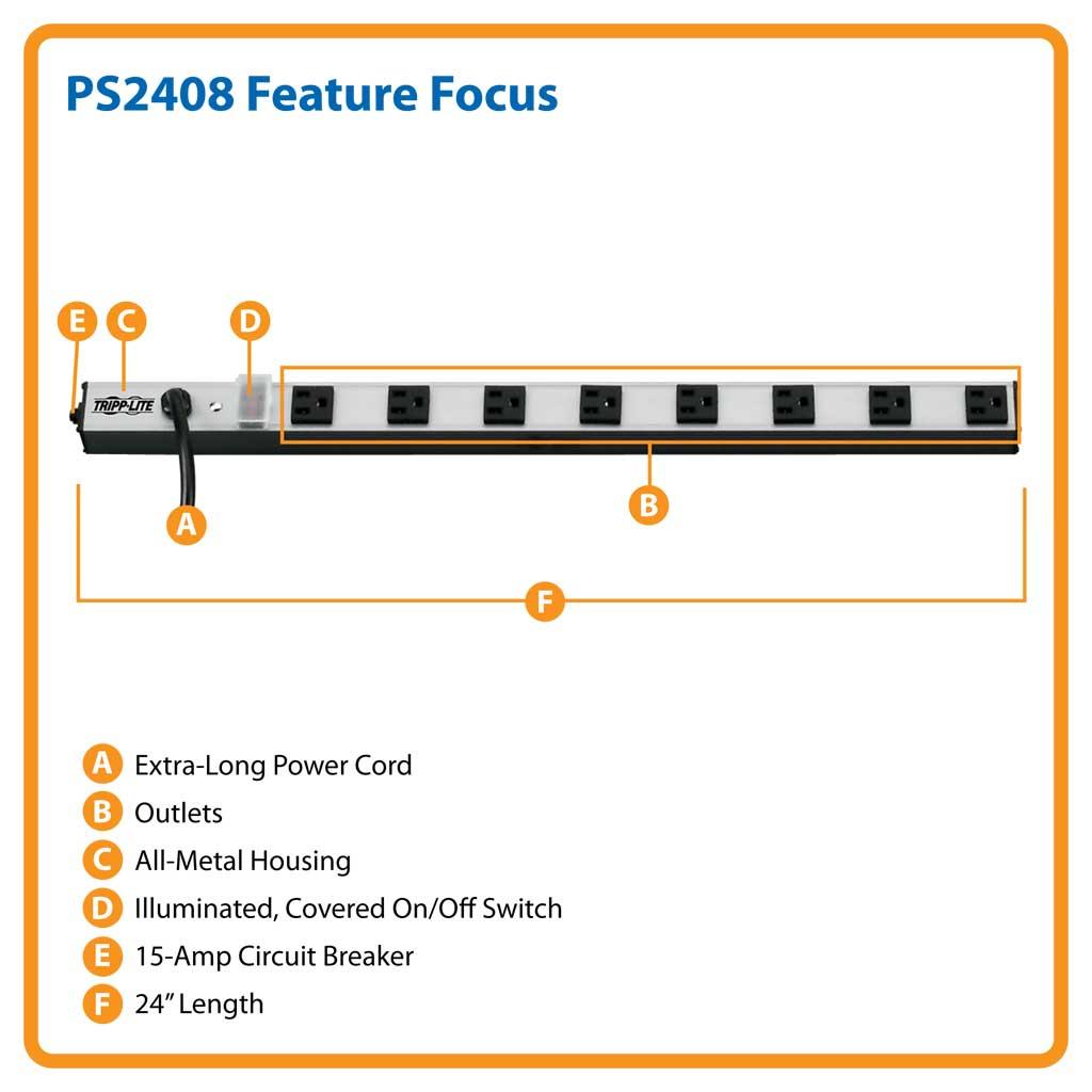 Tripp Lite 8 Outlet Bench & Cabinet Power Strip, 24 in. Length, 15ft ...