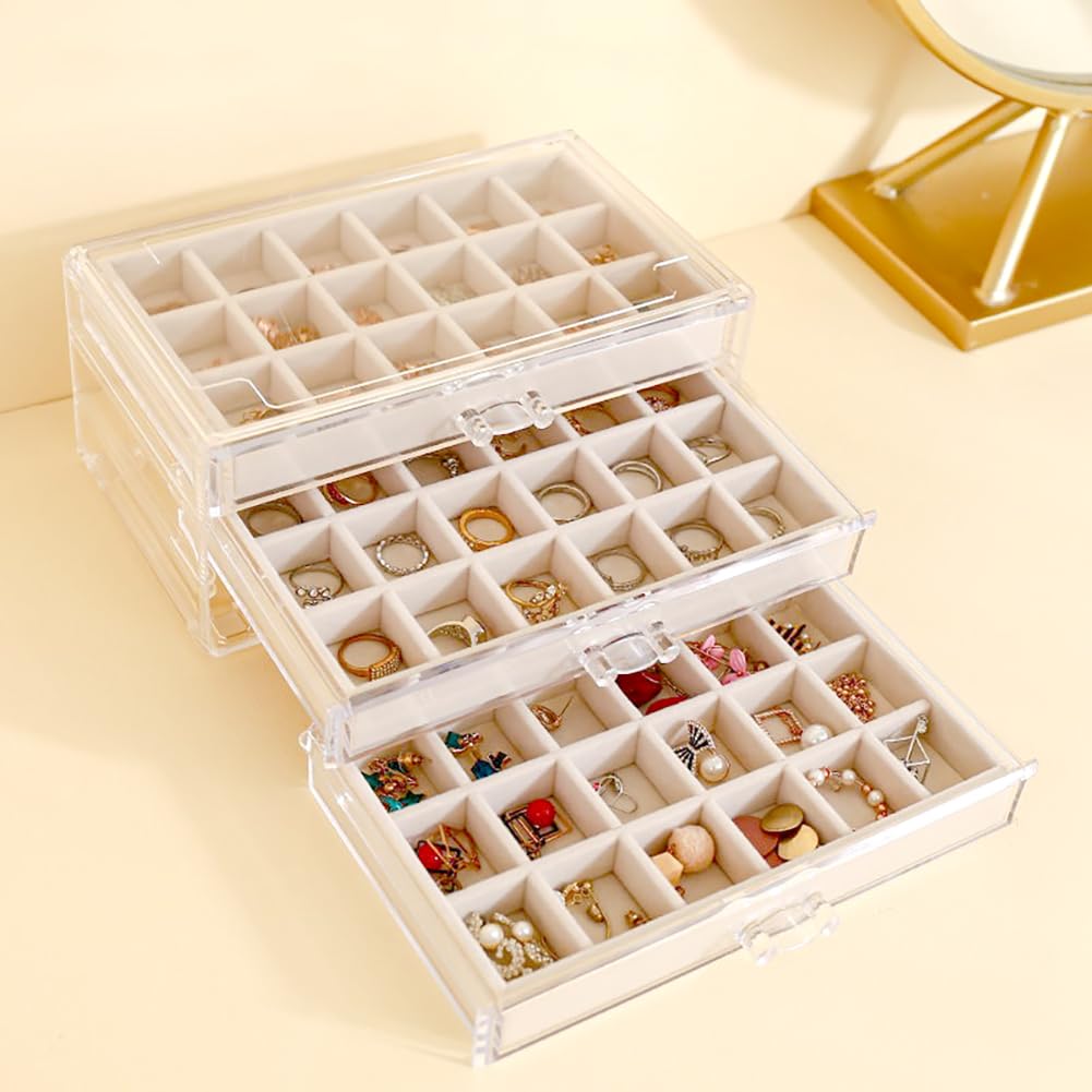 HOUKANWE Acrylic Earring Organizer Box with 3 Drawers Clear Earring ...