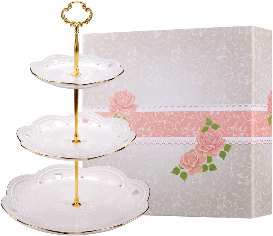 Amazon.com | BonNoces 3-Tier Porcelain Embossed Cupcake Stand - Pure ...