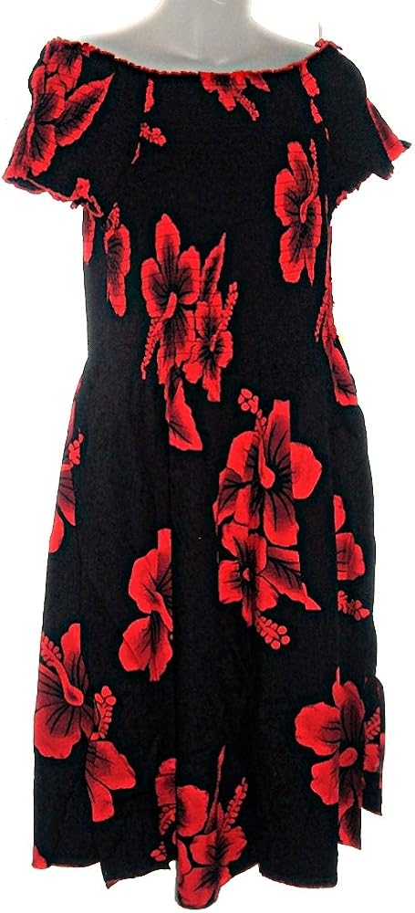 Plus Size Hawaiian RED Hibiscus Flowers Floral Black Cap Sleeve Sun ...
